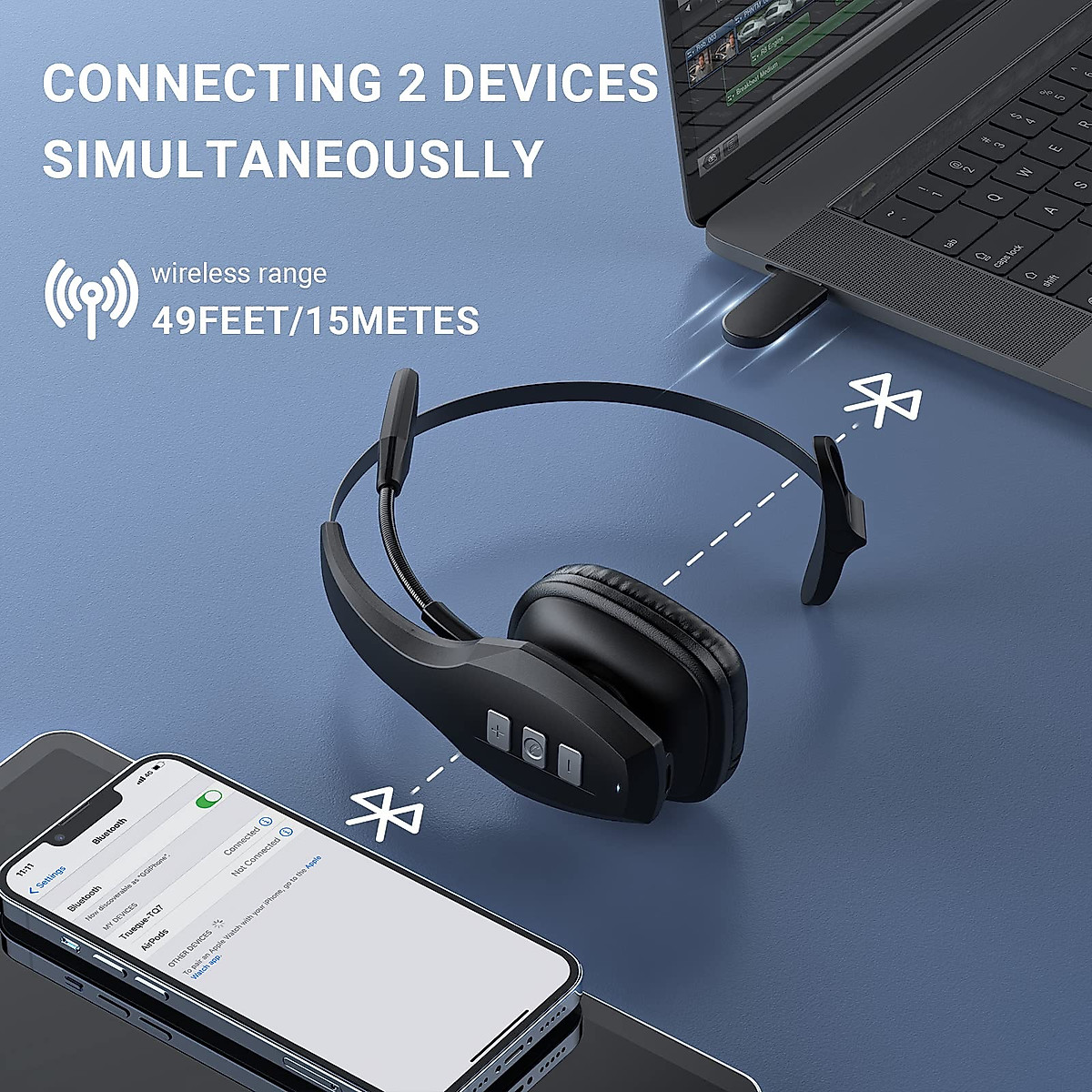 Trueque Bluetooth Headset, Trucker Wireless Headset with Microphone AI Noise Canceling & Mute Button, 60 Hrs Work Time On-Ear Headphones with USB Dongle for Call Center, Remote Work, Trucker, Zoom