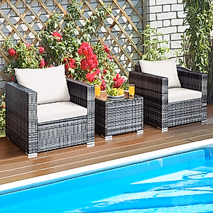 Toolsempire 3 Pieces Patio Furniture Set Outdoor Rattan Wicker Conversation Set with Water-Resistant Cushion & Tempered Glass Tabletop, Outdoor Sectional Furniture for Porch, Balcony, Backyard(Beige)
