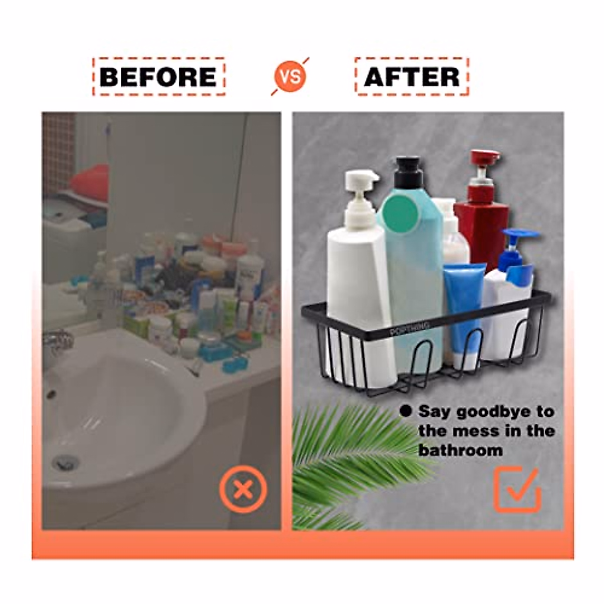 PoPThinG Shower Caddy, Bathroom Storage Shelf, Shampoo Organizer Basket with 3 Hooks and 2 Paste Adhesive. Large Capacity, Not Easy to Fall. Rust Proof Metal Shower Rack, Kitchen Storage. ( Black )