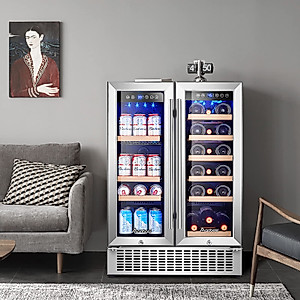 AAOBOSI 24 Inch Wine and Beverage Refrigerator - 19 Bottles & 57 Cans Capacity Dual Zone Wine Cooler - Wine Fridge Built in Counter or Freestanding - 2 Safety Locks and Blue Interior Light