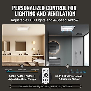 VEVOR Bathroom Exhaust Fan, 110 CFM Ventilation, 1.5sones Low Noise Operation, Remote Control, Cooling&Heating, LED Light 3000/4000/5000K, Airflow Speed&Light Brightness Adjustable, Timer