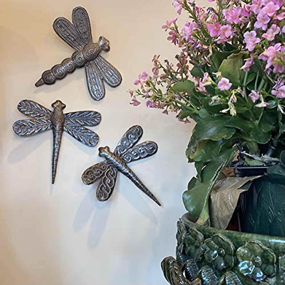 It's Cactus Set of 3 Small Garden Dragonflies 6 Inches, Decorative Wall Hanging Plaques, Indoor Outdoor, Fall Decorations, Handmade, Fair Traded Haitian Artwork