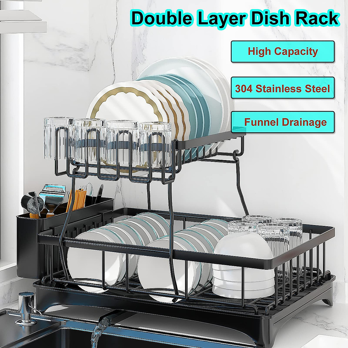 XIYAO Kitchen Dish Dring Rack with Drainboard, 2-Tier in Sink Dish Drying Rack with Utensil Holder for Kitchen Counter, Large Capacity Dish Strainers with Water Bottle Drying Rack (Black)