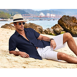 COOFANDY Men's Linen Shirts Short Sleeve Casual Button Down Shirt for Mens Summer Beach Yoga Shirt Navy Blue