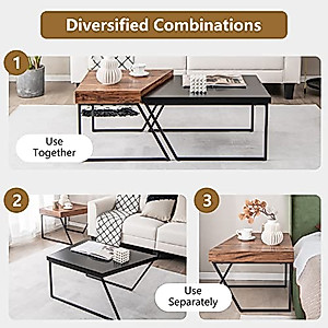 Giantex Stacking Coffee Table Set of 2, Black & Brown Modern Side Table with Powder Coated Metal Legs, Trapezoid Nesting Table for Living Room, Office, Bedroom, Black + Brown