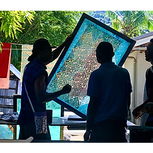 Handprinted Canvas Tote Bag, Reuseable Grocery Shopping Tote with Long Handles, Multipurpose, Sturdy 100% Cotton Canvas Shoulder Bag with Purple Fijian Tapa Print - Tabana Print, Purple