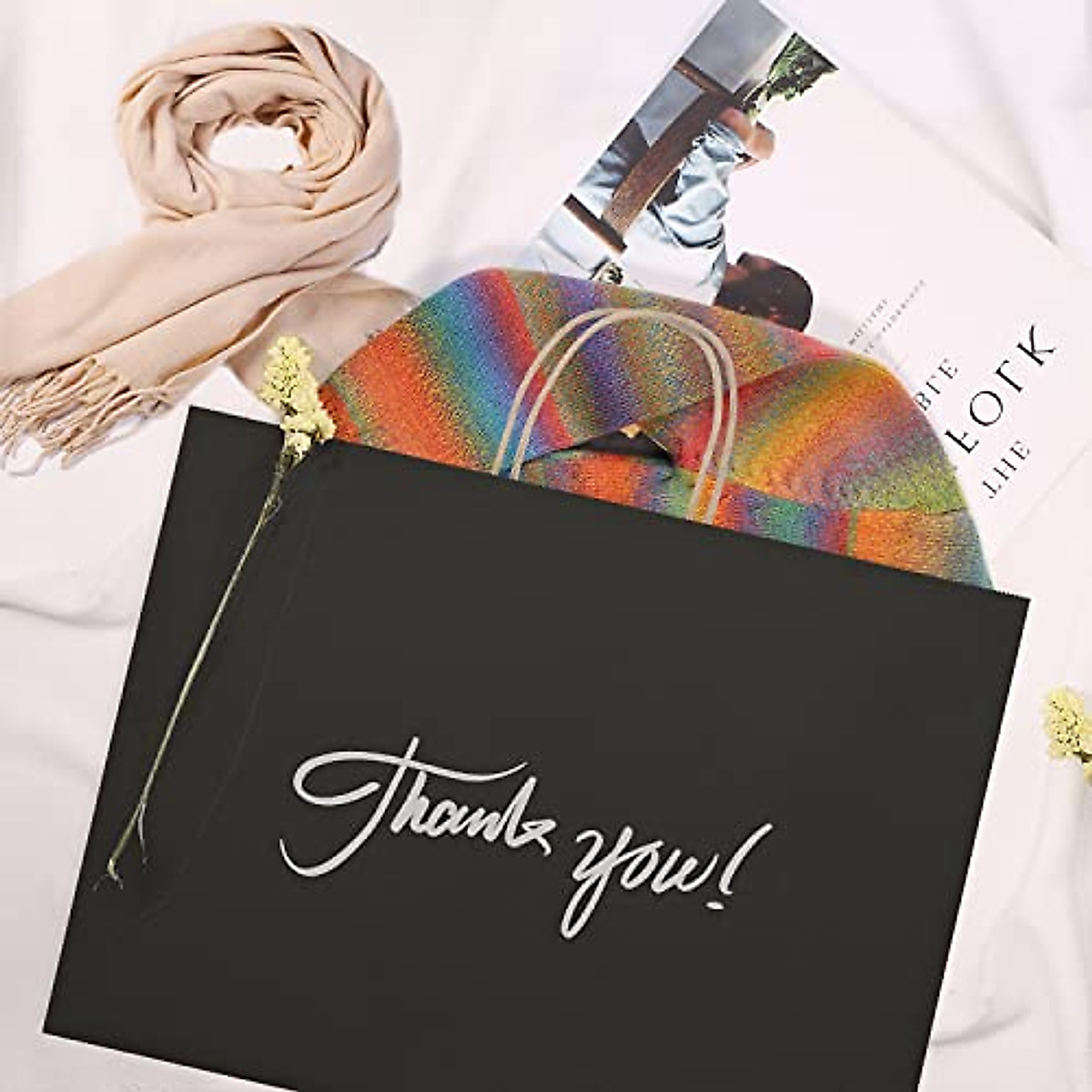 Poever 16x6x12 Kraft Paper Bags with Handles 50 PCS Bulk, Large Shopping Bags Black Gift Bags Tote Bags Recyclable for Small Business Retail Grocery Merchandise