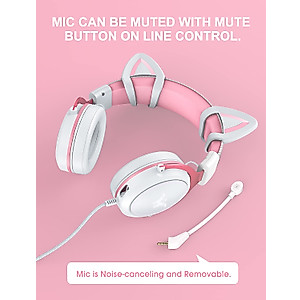 PHNIXGAM Cat Ear Gaming Cute Headset, Wired Over-Ear Headphones with Noise Cancelling Microphone, Surround Sound, LED Backlight for PS4, PS5, Xbox One(No Adapter), PC, Mobile Phone, White & Pink