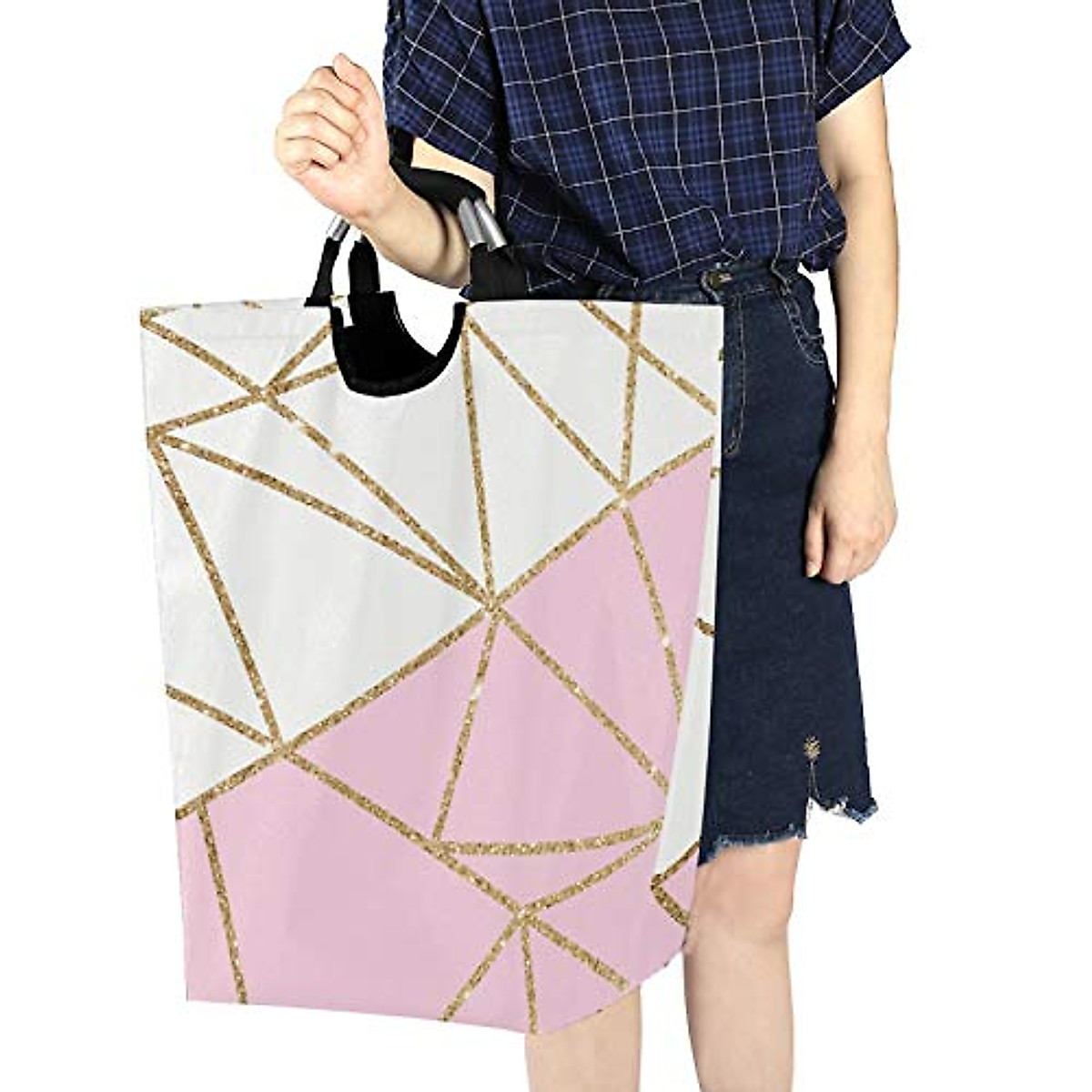 ALAZA Large Laundry Basket Nordic Pink Gold Marble Geometry Laundry Bag Hamper Collapsible Oxford Cloth Stylish Home Storage Bin with Handles, 22.7 Inch