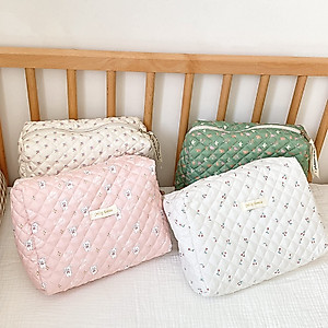 Dalulu Kawaii Floral Makeup Bag Coquette Aesthetic Cosmetic Bag Large Travel Make up Organizer Cute Pouch Cotton Quilted Toiletry Bag for Women Girls Kawaii Stuff (M-Beige Flowers)