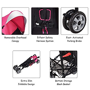 HONEY JOY Baby Lightweight Stroller, Compact Travel Stroller for Airplane, Adjustable Backrest & Canopy, 5-Point Harness, Cup Holder, Storage Basket, Foldable Umbrella Stroller for Toddlers (Pink)