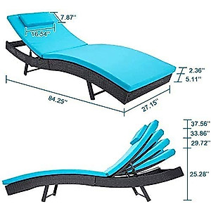 Cemeon Patio Adjustable Chaise Lounge Chair Outdoor Lounge Furniture, Black Wicker Sun Chaise with Turquoise Thick Cushion for Beach, Poolside, Yard (2 Pack)