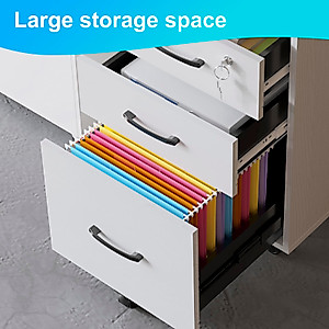 3 Drawer Wood Mobile File Cabinet with 1 Lock, Under Desk File Cabinet with 5 Wheels, Rolling Filing Cabinet for Home Office, Filing Cabinet Organizer, for Letter Sized Documents (White)