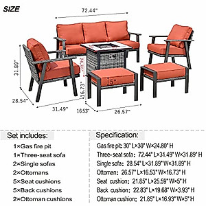 ovios Patio Furniture Set 6 PCS All Weather Outdoor Wicker Rattan Sofa Set with Fire Pit Table Ottomans High Back Sofa Thick Cushion Garden Backyard Porch (Orange Red)