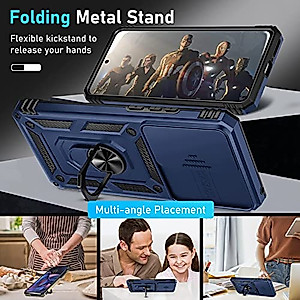 Motorola Moto Edge 2022 Case Built in Slide Camera Cover and Screen Protector [Not for Edge Plus],Heavy Duty Shockproof Full Body Phone Cover,Built in Finger Ring Stable Holder Kickstand,2022 Blue