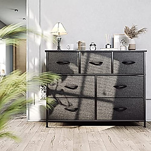 YITAHOME 7-Drawer Fabric Dresser, Furniture Storage Tower Cabinet, Organizer for Bedroom, Living Room, Hallway, Closet & Nursery, Sturdy Steel Frame, Wooden Top, Easy-to-Pull Fabric Bins(Black Grey)