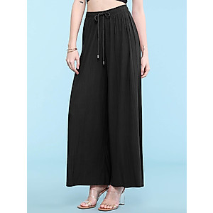 LL WB1485 Womens Casual High Waisted Pleated Palazzo Pants Trousers with Drawstring Plus Black