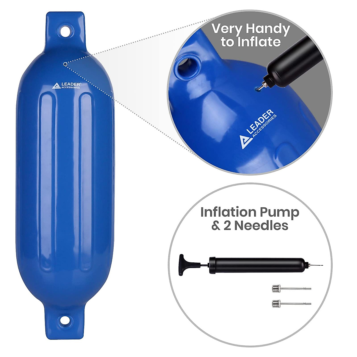 Leader Accessories Ribbed Twin Eyes Blue 4.5''x16'' Boat Fender Pack of 4 Includes 3/8'' Fender Lines Pack of 4 and Pump to Inflate