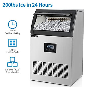 ROVSUN 200lbs/24h Commercial Ice Maker, Freestanding Ice Machine with LED Control Panel & Storage Bin, Perfect for Restaurant Bar Cafe Home Office, Includes Scoop & Connection Hose