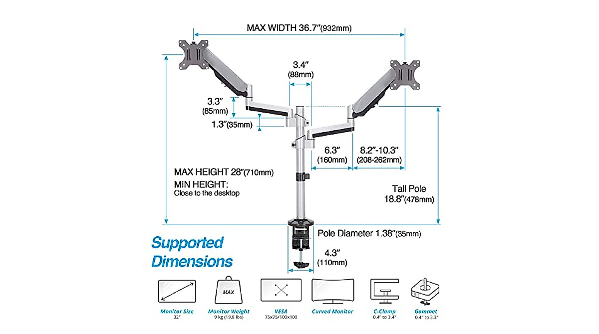 AVLT Dual 13-32" Stacked Monitor Arm - Ergonomic Desk Mount