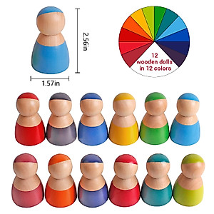 SHIERDU 12 PCS Rainbow Wood Peg Dolls Wooden Pretend Play People Figures for Toddlers Preschool Learning Educational Toys Wooden Toddler Toys for Boys Girls