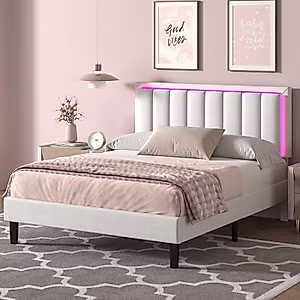 IMMERSTABLE Full Size Bed Frame with Smart LED Headboard, Upholstered Bed Frame Full with Double Headboard, Heavy Duty Wood Slats Support, Noise-Free, No Box Spring Needed, Easy Assemble, White