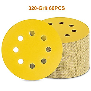 60 PCS 320 Grit Sandpaper Sanding Disc 5 Inch 8 Hole Hook and Loop Gold Sanding Discs for Random Orbital Sander