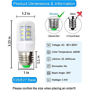 Fneiosg E26 LED Refrigerator Light Bulb 3.5W, 40W Equivalent, Daylight White 6000K 500LM, 25,000 Hour Lifetime, Non-Dimmable Energy Saving ac 100 265v frigidaire Light Bulb Replacement,1-Pack