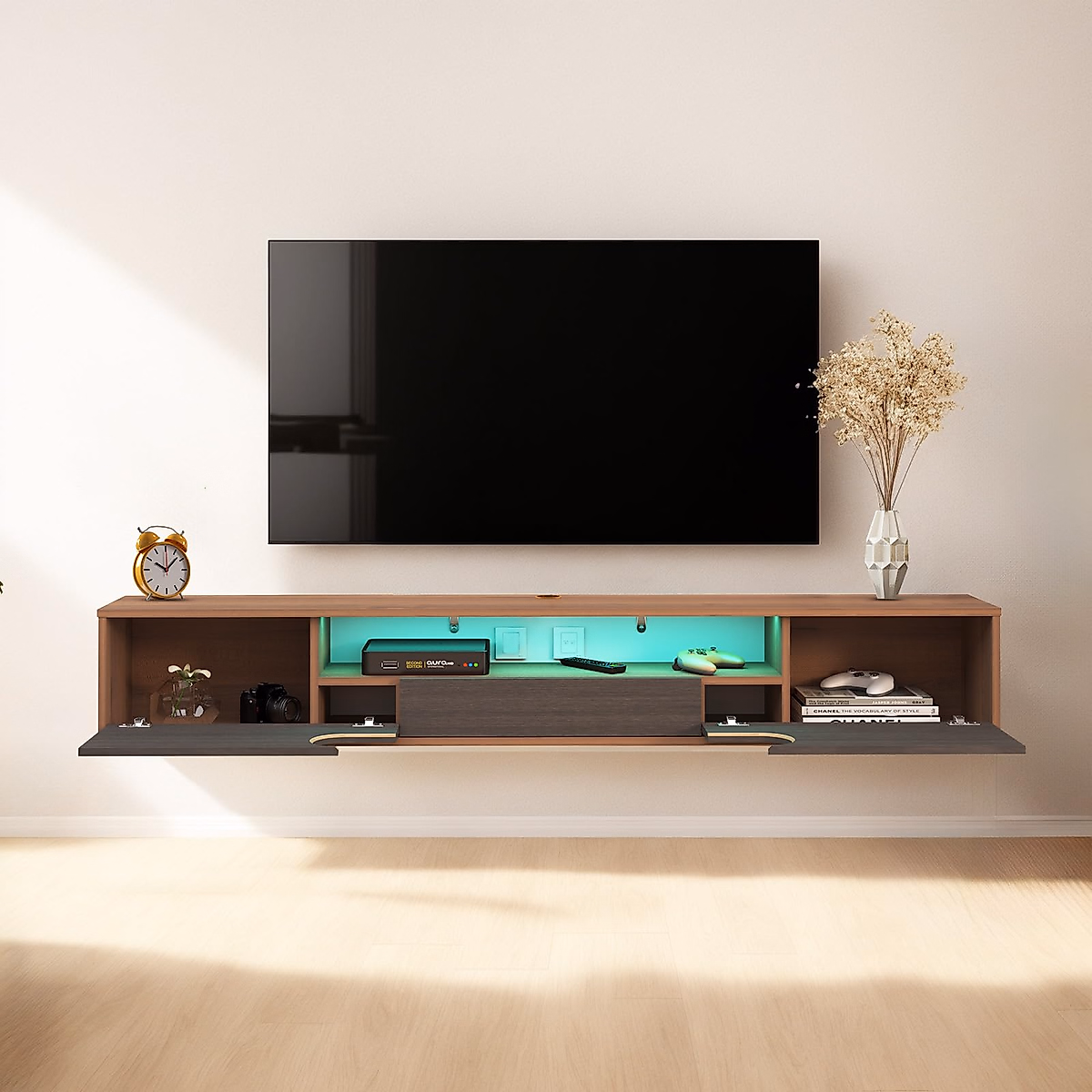 Pmnianhua Floating TV Stand with LED Lights,70'' Wall Mounted TV Cabinet Floating Under TV Shelf Media Console Entertainment Center with Storage Living Room Playroom Bedroom(Walnut)