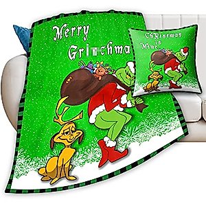 Caupzok Anime Christmas Blankets, Flannel Lightweight Plush Warm Green Throw Blanket with 1 Pillow Cover for Couch Sofa Bedding or Decoration Living Room, Soft Throw, 50 × 60 inch
