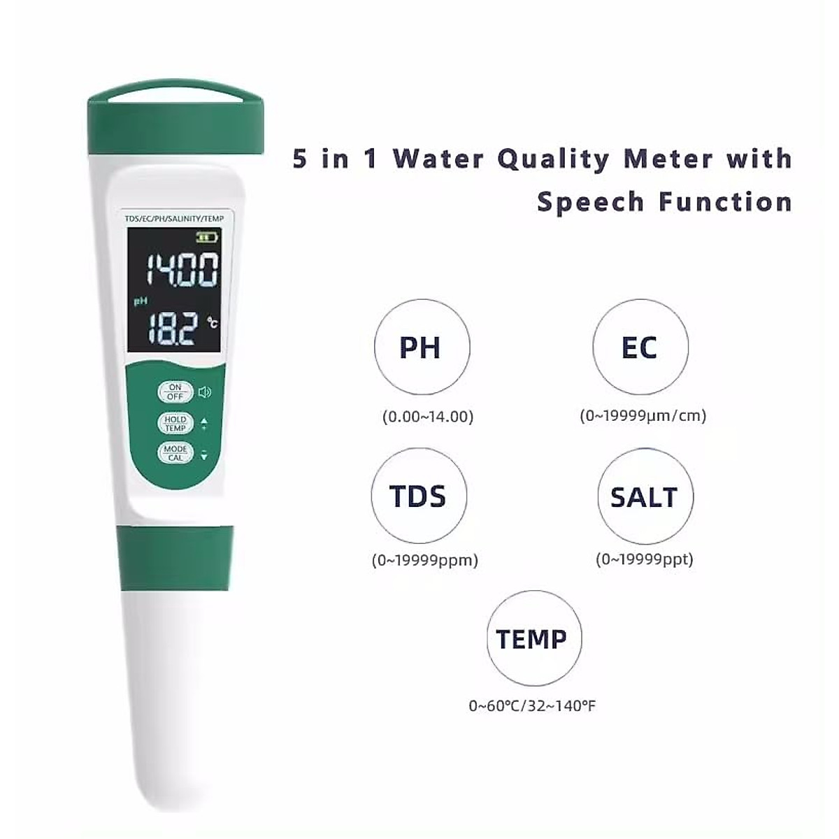 5-in-1 Voice Prompts Water Quality Tester for PH/TDS/EC/Salt/Temperature, with USB-Rechargeable, IP67 Digital pH Meter with Auto Calibration and VA for Hydroponics, Garden, Pool, Aquarium