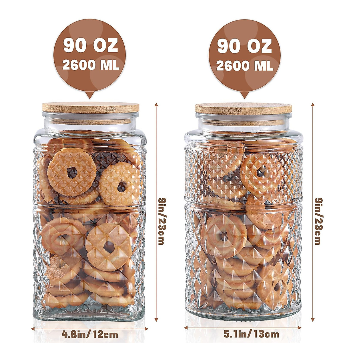 Galazzz 90 oz | 0.7 Gallon Large Cookie Jar, Glass Jar with Airtight Lid, Decorative Kitchen Canister with Bamboo Lids, Candy Jar | Glass Storage Air tight Glass 2600ml Round & Square