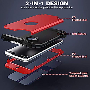 iPod Touch 7th Generation Case with 2 Screen Protectors, IDweel Hybrid 3 in 1 Shockproof Slim Heavy Duty Hard PC Cover Soft Silicone Rugged Bumper Full Body Case for iPod Touch 5/6/7th Gen, Red