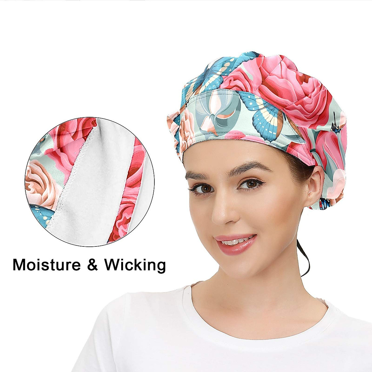 Womens Working Cap with Cotton Sweatband Adjustable Elastic Head Cover Hair Tie Back Work Hats for Women Men One Size Bouffant Hat Covers Rose with Butterfly