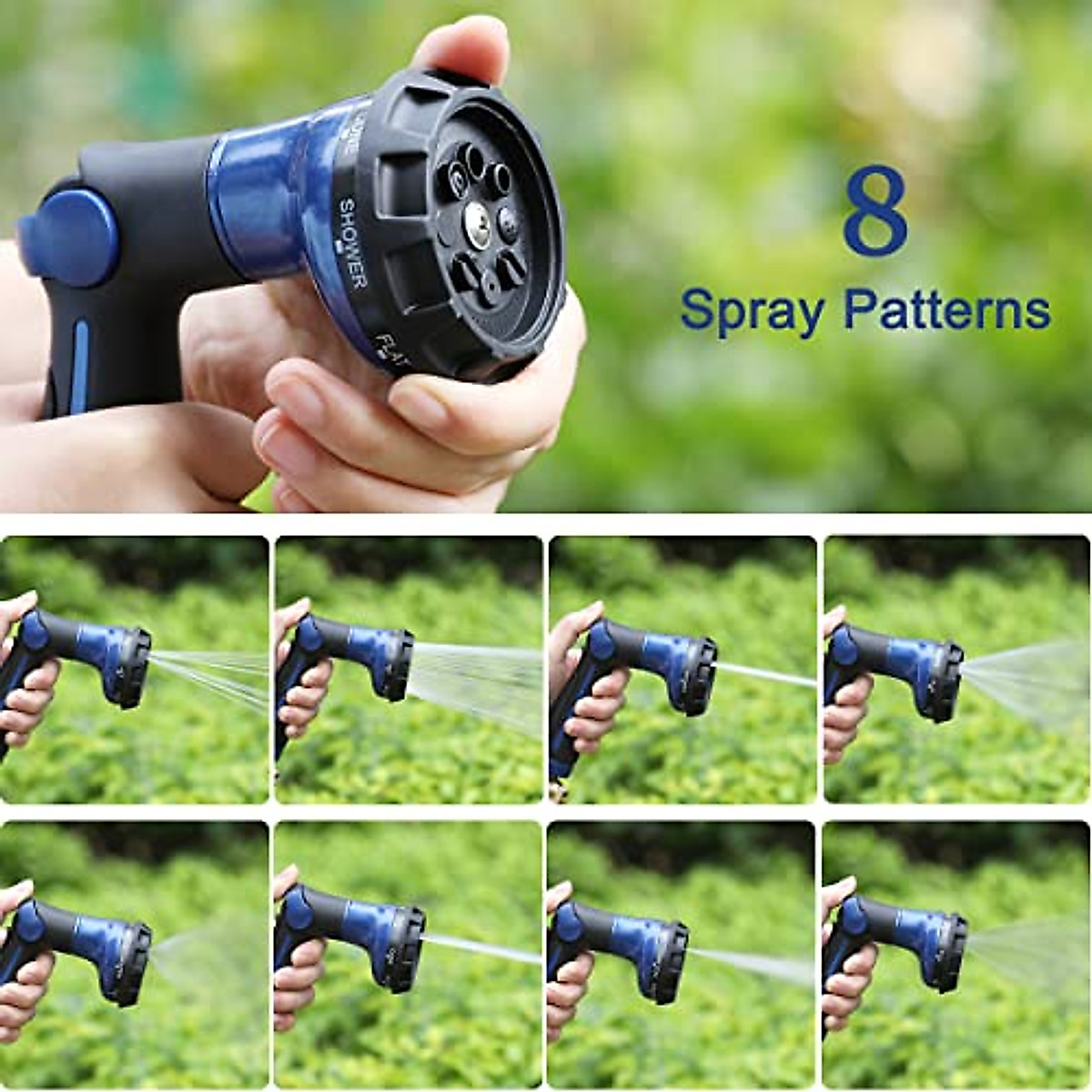 FANHAO Garden Hose Nozzle 100% Heavy Duty Metal Water Hose Sprayer with 8 Spray Patterns, High Pressure Spray Nozzle with Thumb Control, On Off Valve for Watering Plants, Washing Cars & Pets, Blue