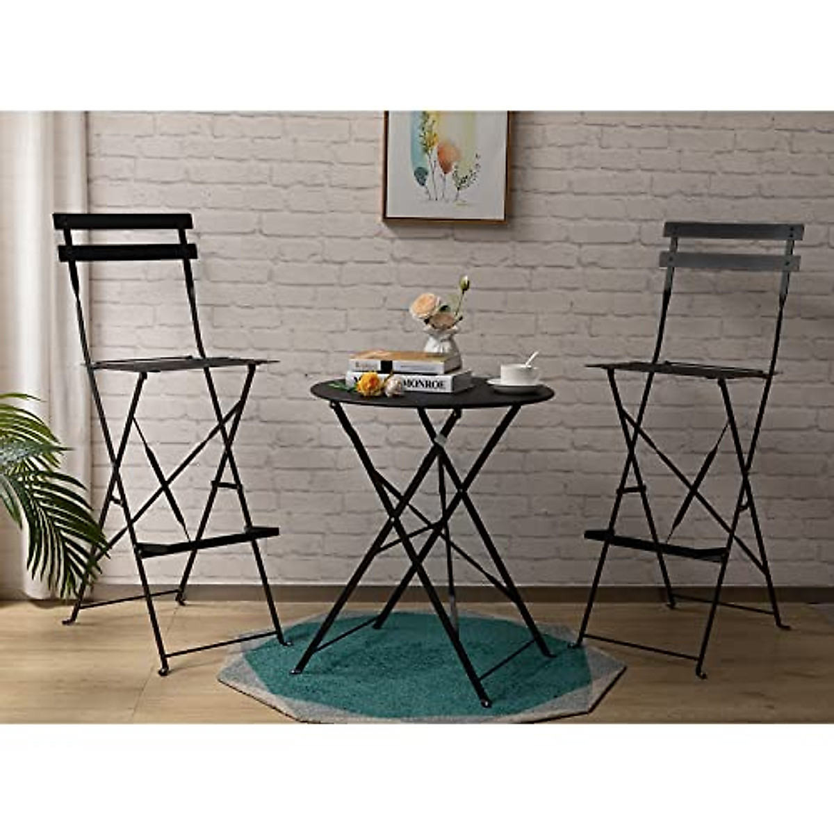 HollyHOME Patio Premium Steel Bistro Chair, Set of 2, 44"(H) Counter Pub Bar Stool, Accent Camp Folding High Chair, Anti-Rust Outdoor&Indoor Garden Furniture for Party, Porch, Black