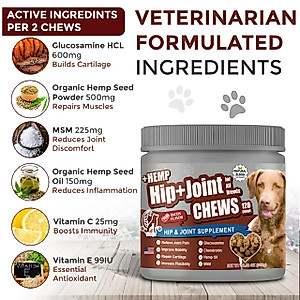 Maggie & ME Dog Pain Relief Hip and Joint Supplements | Glucosamine for Dogs 600mg | Organic Hemp Seed Powder/Oil 650mg | Chondroitin, MSM, Turmeric, Vitamins C & E+ | 120 Bacon Mobility Supplements