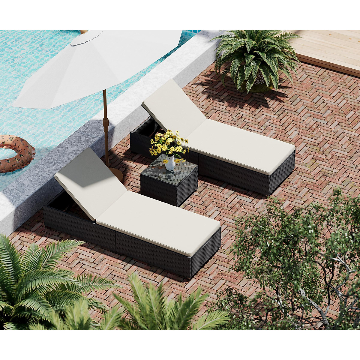 LHBcraft Outdoor PE Wicker Chaise Lounge Set, Patio Lounge Chairs, Rattan Adjustable Reclining Lounge Chairs with Cushions and Matching Storage Table (Two Chair + one Table)