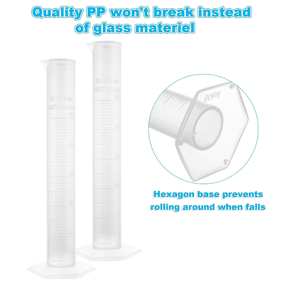 AKOLAFE 20 Pack 50 ml Graduated Cylinder Set Plastic Graduated Cylinder for Hydrometer Test Tubes Clear Lab Cylinders with Raised Marking & Spout Measuring Cylinder Flask Beaker for Chemistry Science