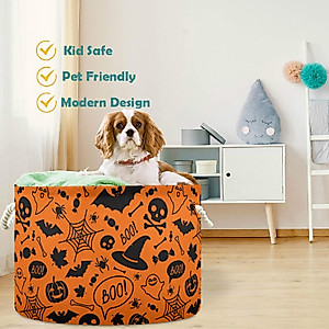visesunny Storage Basket Halloween Orange Festive with Pumpkin Skull Bat SpiderNursery Hamper Canvas Fabric Toy Storage Organizer Bin Storage Box Laundry Basket for Kid Room,Playroom