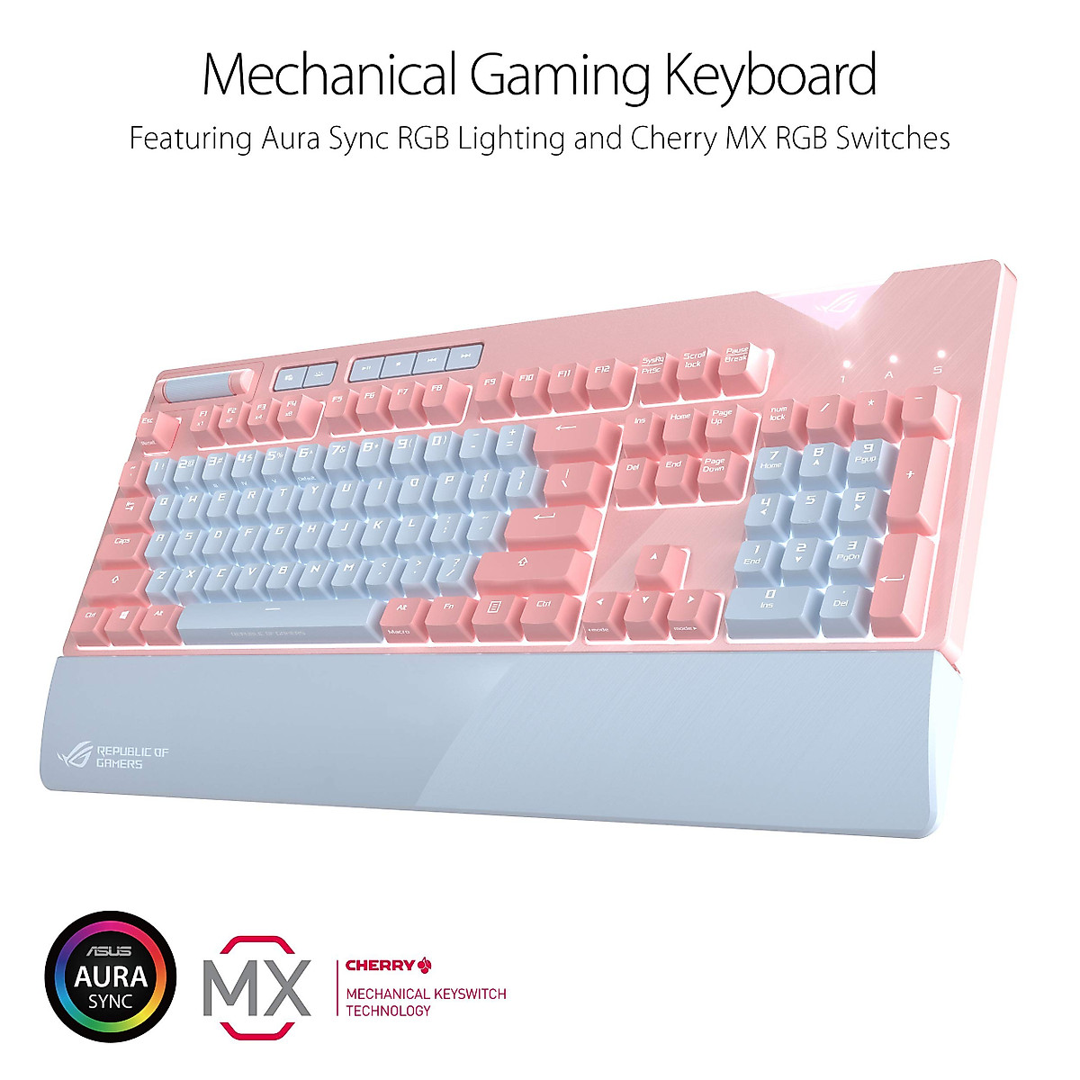 ASUS ROG Strix Flare Pnk (Cherry MX Brown) Limited Edition Mechanical Gaming Keyboard with Switches, Aura Sync RGB Lighting, Customizable Badge, USB Pass Through and Media CONTROLS (Renewed)