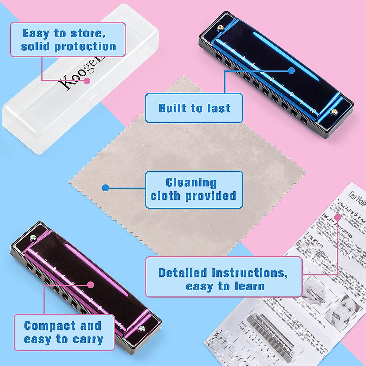 Koogel Kids Harmonica Set, Pink and Blue 10 Hole Distonic Harmonica Key of C Music Instruments for Beginners