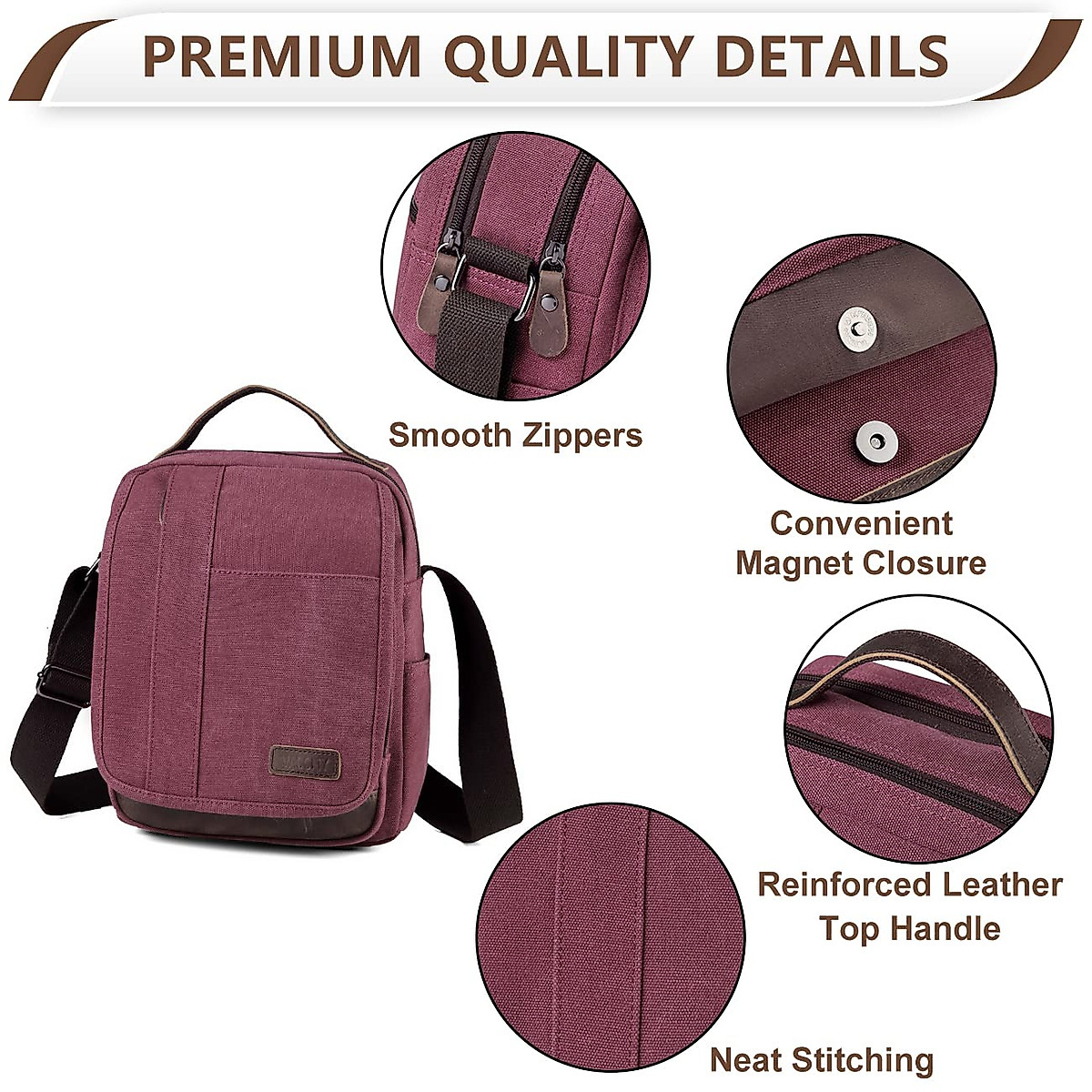 VASCHY Messenger Bag Small, Canvas Water Resistant Crossbody Shoulder Bag Purse for Women/Ladies Burgundy