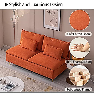Tmosi 59'' Linen Upholstered Loveseat Sofa Couch,2 Seater Sofa with 2 Throw Pillows,Armless Settee Bench with Golden Metal Legs for Living Room,Bedroom,Office,Apartment (Orange, Armless Loveseat)