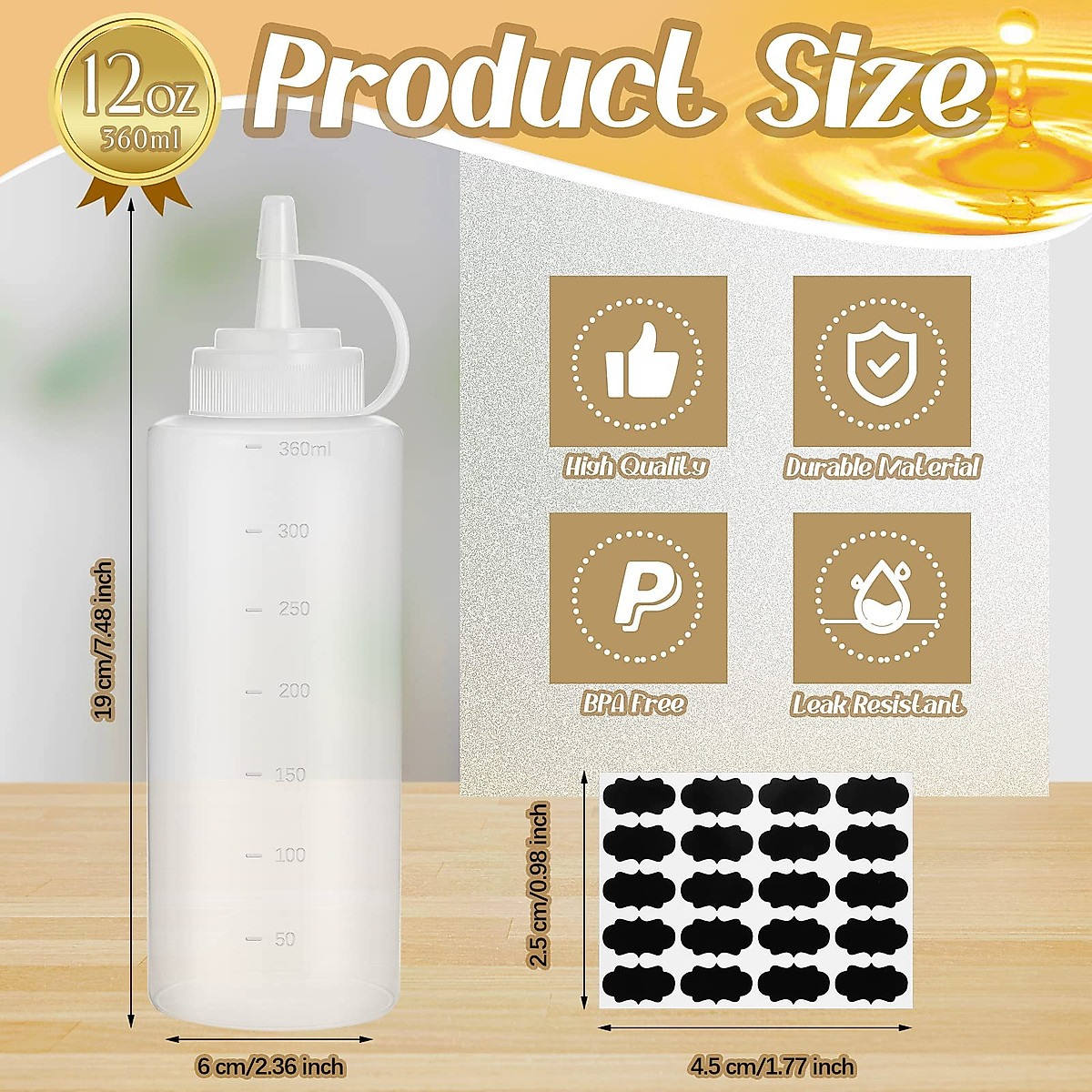 30 Pieces Condiment Squeeze Bottles Multipurpose Squirt Bottles Plastic Sauce Bottles Empty Condiment Containers with Cap Oil Dressing Ketchup Dispenser with 40 Chalkboard Labels, Chalk Marker (12 oz)