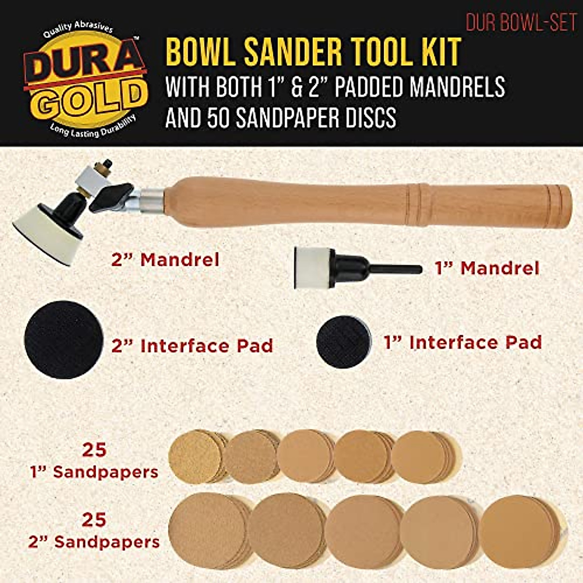 Dura-Gold Bowl Sander Tool Kit with 1" & 2" Hook & Loop Backing Pads, 50 Sanding Discs - Dual Bearing Head, Hardwood Handle, 1/4" Mandrel - 60, 80, 120, 220, 320 Grit Sandpaper - Sand Wood Woodworking