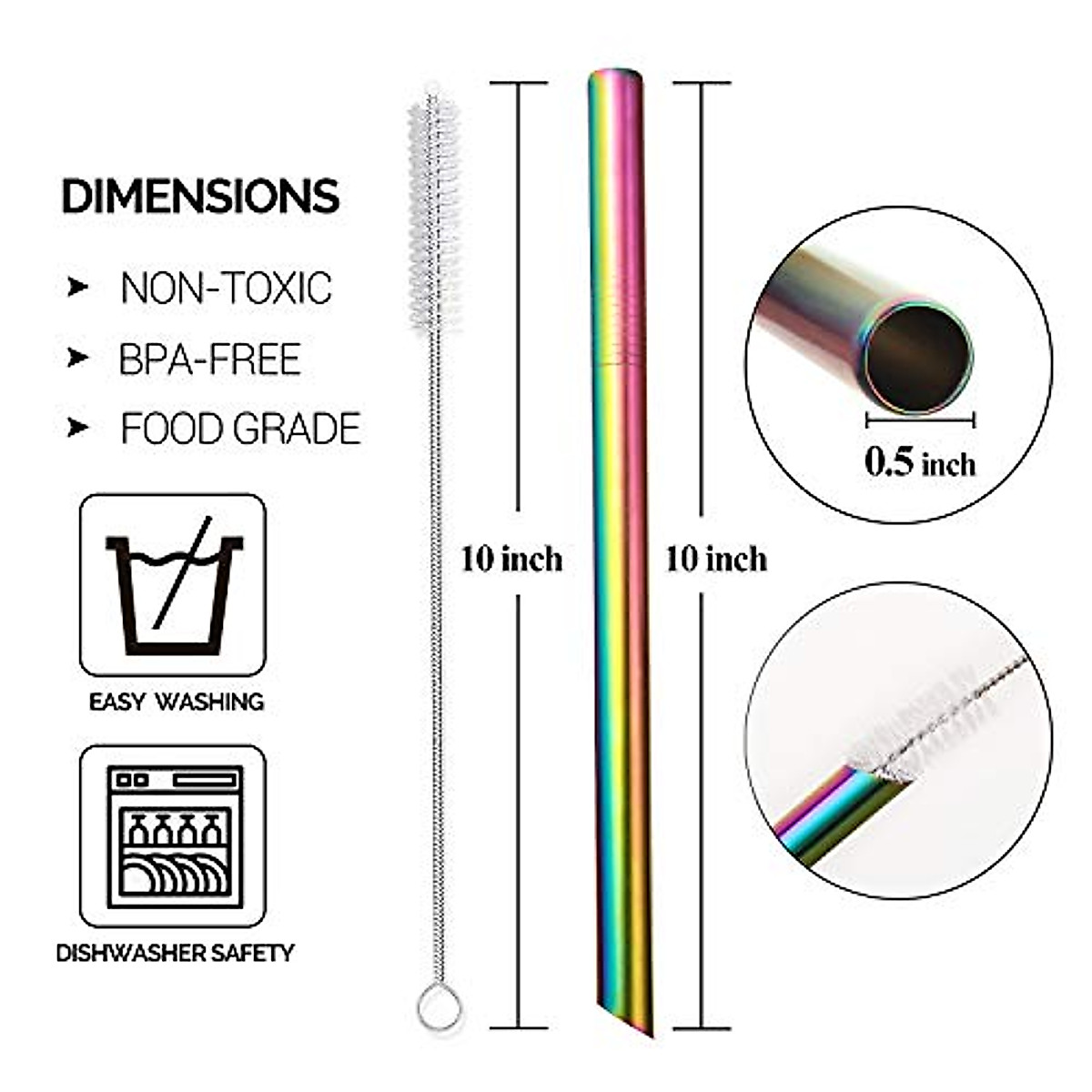 5 Pcs 10" Reusable Boba Straws & Smoothie Straws - Rainbow Colors & Angled Tips, 0.5" Wide Stainless Steel Straws, Metal Straws for Bubble Tea, Milkshakes, Jumbo Drinks | 2 Cleanning Brushes & 1 Case