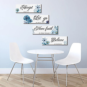 Joyhawk 4 Pieces Blue Flower Wall Decor For Bedroom, Accept-Let go-Have faith-Believe Wooden Inspirational Wall Art Decorations for Living Room Bathroom,Rustic Wooden Farmhouse Home Decor, 12 x 4 Inch