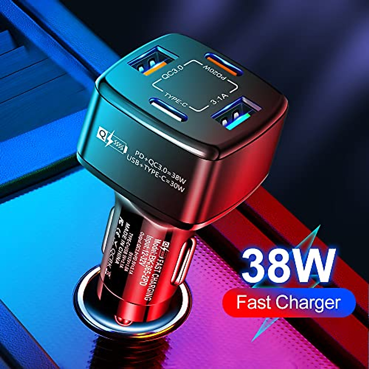USB C Car Charger, 38W PD &QC3.0 Fast Charging 4 USB Car Charger Adapter, 30W USB-A +Type-C Multi Port Cigarette Lighter USB Charger Compatible with iPhone/Android/Samsung Galaxy S10 S9 Plus (Black)