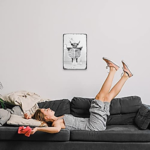Funny Highland Cow Tin Sign,Black and White Cow Metal Sign,Cow Poster Cow Metal Tin Sign,Rustic Farmhouse Style Wall Decor for Living Room, Bathroom, Bedroom, Kids Bathroom Decor - 8x12 Inch
